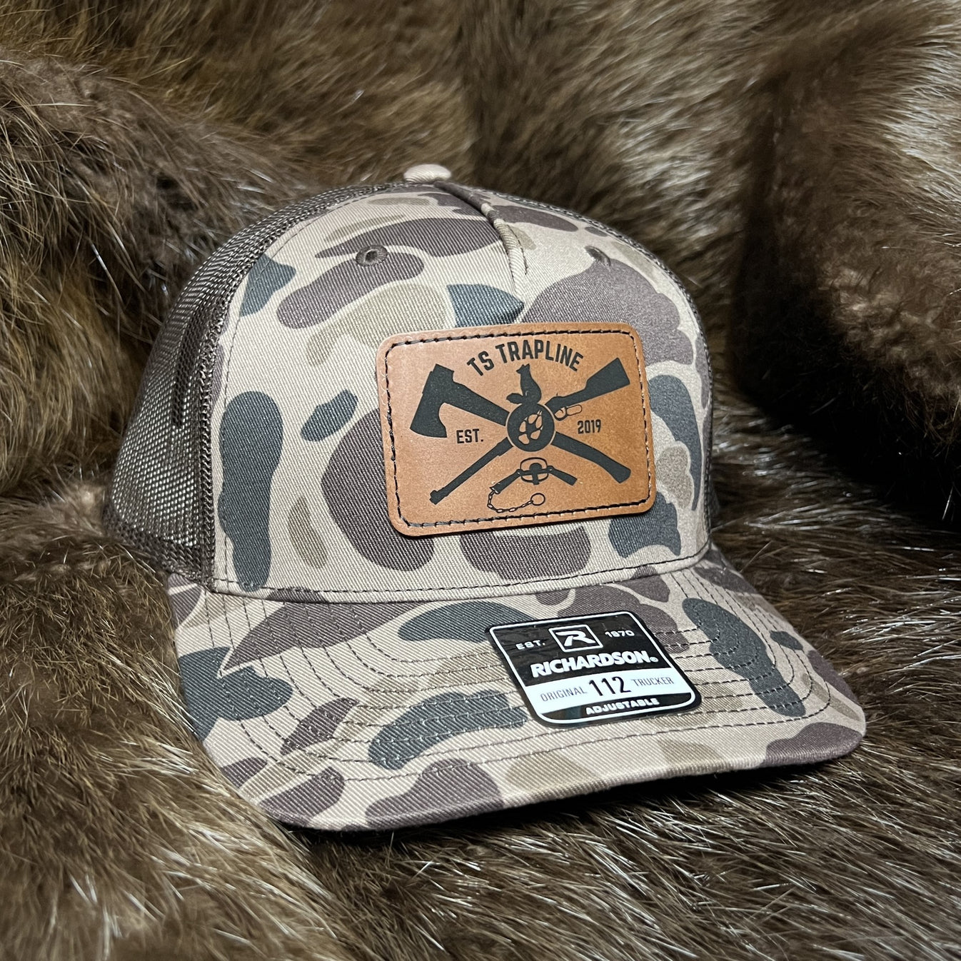 Richardson 112FP Mesh Back Trucker Hat w/ Brown Leather Ax & Rifle Log ...